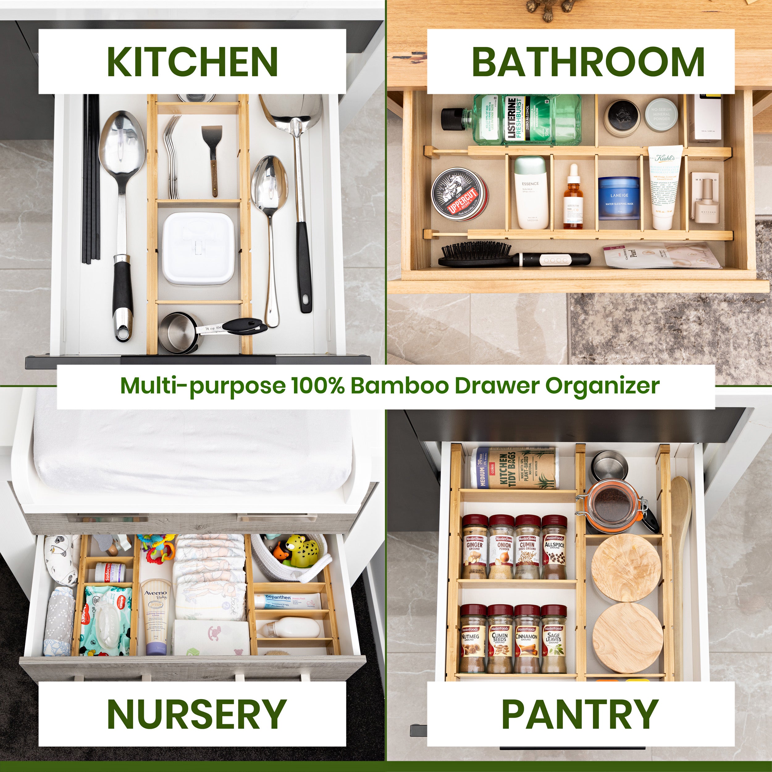 Drawer Dividers 100% Bamboo – Adjustable Multi-Purpose Draw Organiser