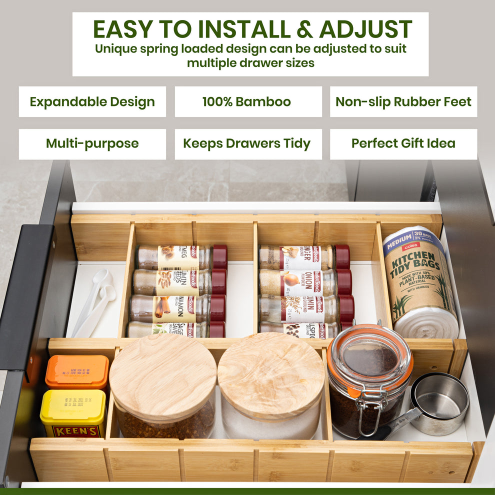 Drawer Dividers 100% Bamboo – Adjustable Multi-Purpose Draw Organiser